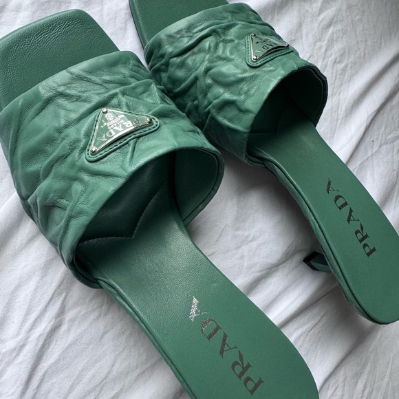 Prada | Shoes | Green Prada Heeled Slide Sandals With Wet Look | Poshmark